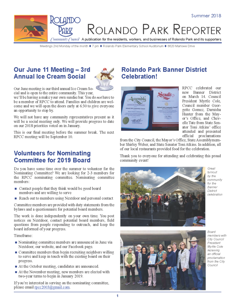 Rolando Park Reporter – Summer 2018 | Rolando Park Community Council