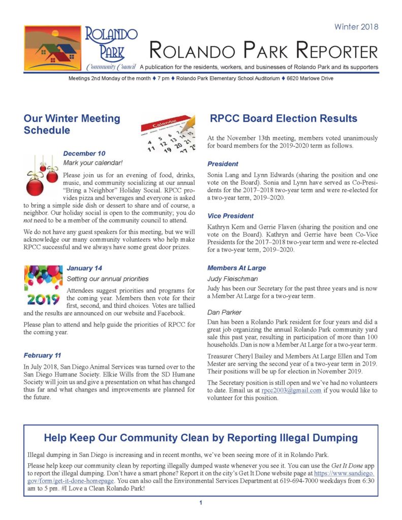 Rolando Park Reporter – Winter 2018 | Rolando Park Community Council
