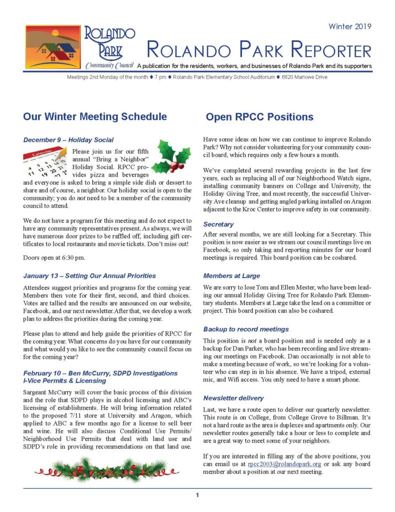 Rolando Park Reporter – Winter 2019 | Rolando Park Community Council